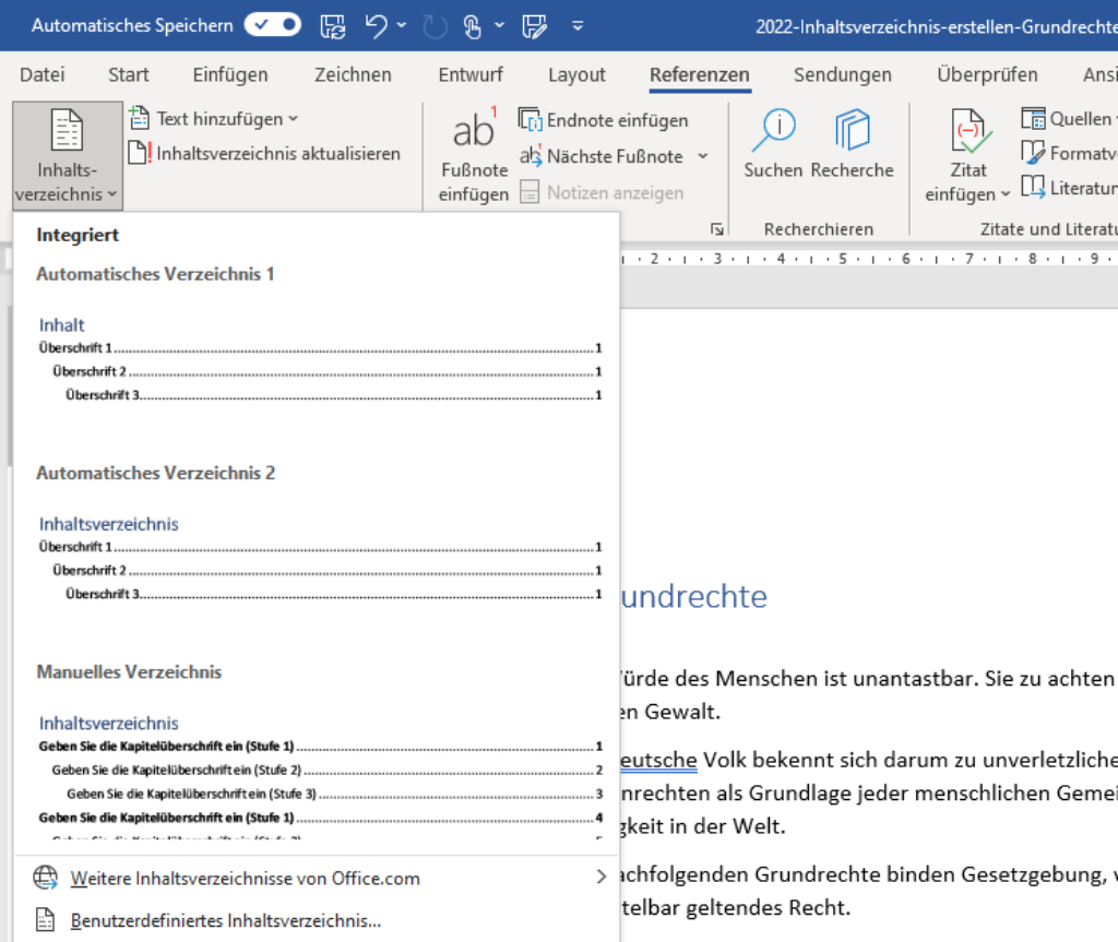 Inhaltsverzeichnis mit Word erstellen